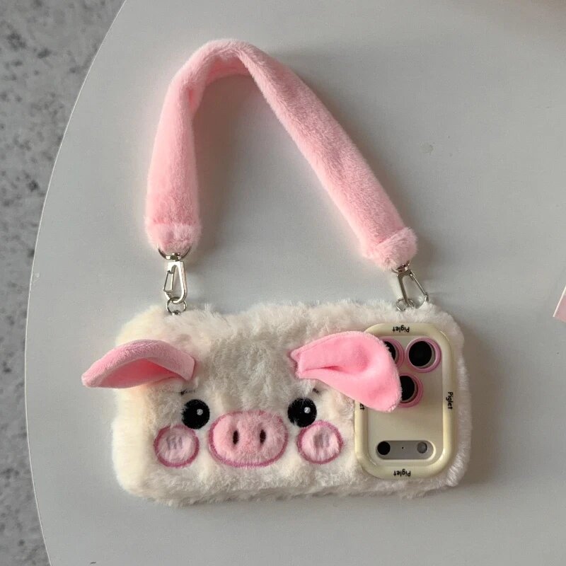 Плюшевый чехол из шерсти свиньи и кролика для iPhone 17 16 Pro Max 15 Plus 17 Air 14 13, пушистый пушистый чехол для телефона с кронштейном для объектива с ручной веревкой Айфон 16 Про, White