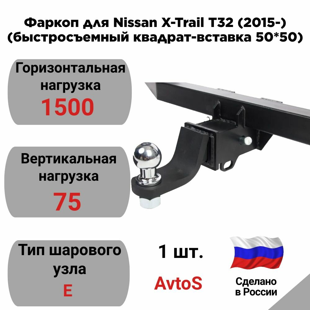 Фаркоп для Nissan X-Trail T32 (2015-) (быстросъемный квадрат-вставка 50*50) "Avtos" NS27B