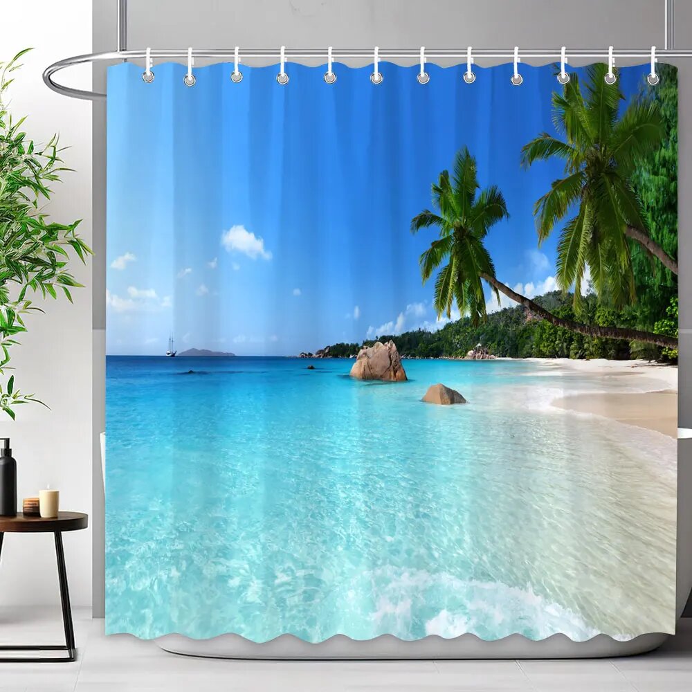 Занавеска для душа с морским пейзажем, уличная шторка из полиэстера для душа с изображением синего океана, пляжа, тропических лесов, природного ландшафта, декор для ванной комнаты 120x180cm-47x70in, 696MD
