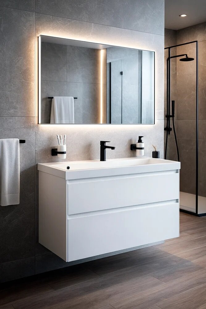 Тумба с раковиной STWORKI Родос 100 подвесная, 100,4 см, белая, матовая, из МДФ, с ящиками, раковина для ванной, из искусственного мрамора, прямоугольная