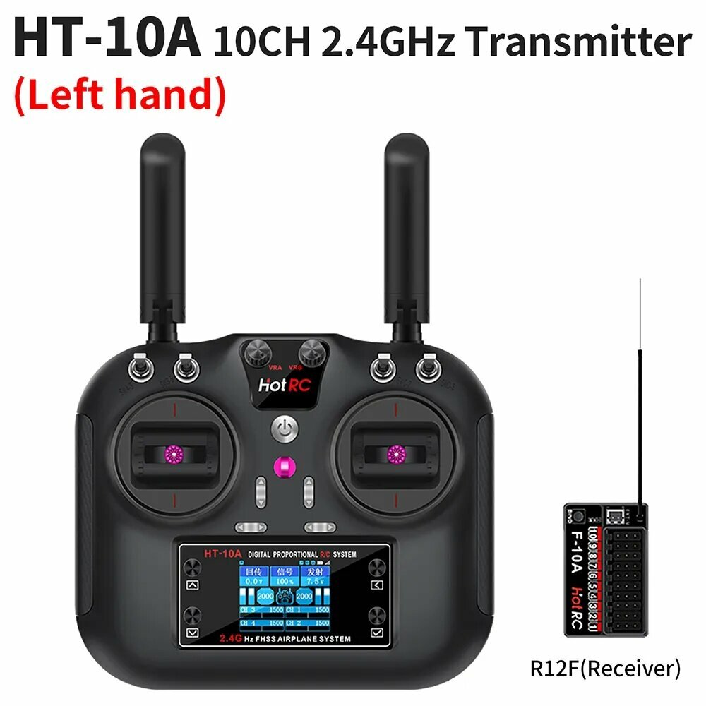 HOTRC HT-10A 10-канальный передатчик 2.4ГГц с дисплеем 1.7" и приемником F-10A для радиоуправляемых моделей - самолетов, катеров, машин, роботов