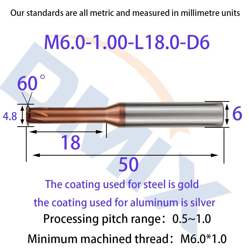 DMIX HRC65 Режущая головка M6.0-1.00-L18.0-D6 для стали