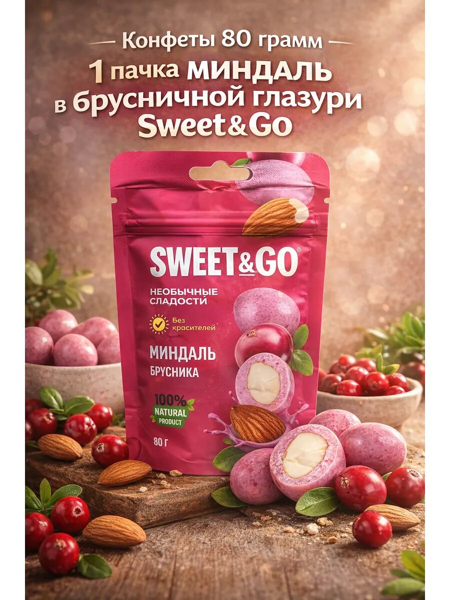 Миндаль в брусничной глазури 80 грамм 1 пачка sweet&Go