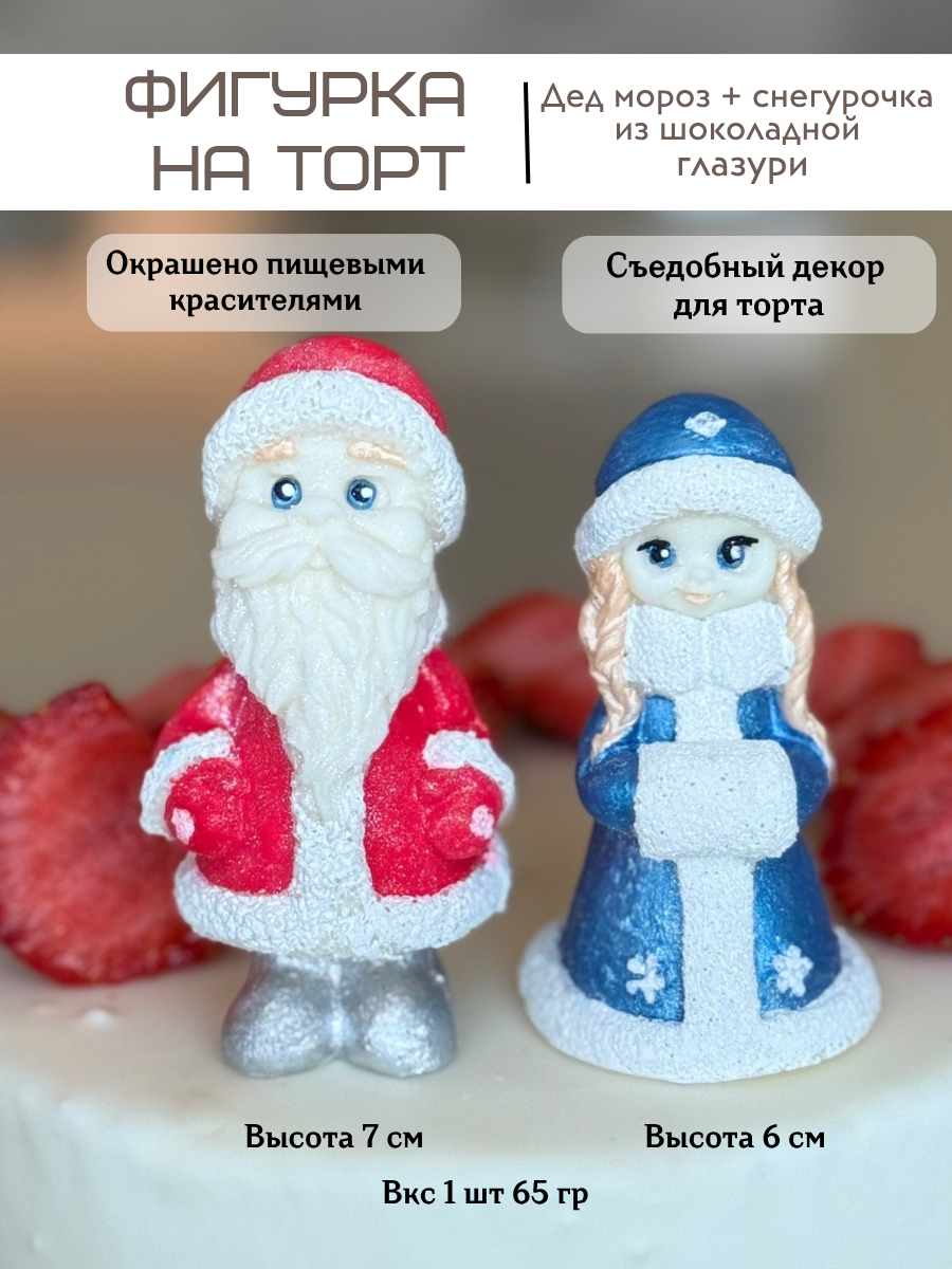 Новогодний набор фигурок из шоколадной глазури. Дед Мороз и Снегурочка. Украшение для торта, подарок на Новый Год.