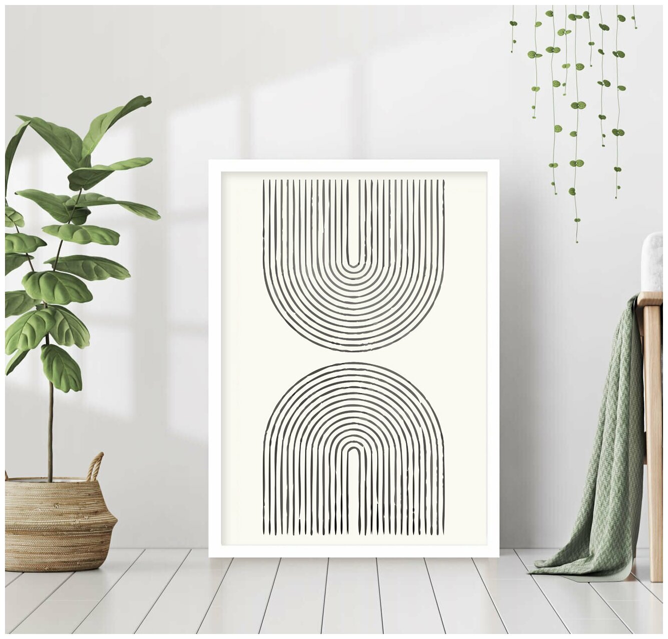 Постер "Абстракция черно белая, линейный рисунок, минимализм, линии, арка" 40х50 в белой рамке для интерьера на стену