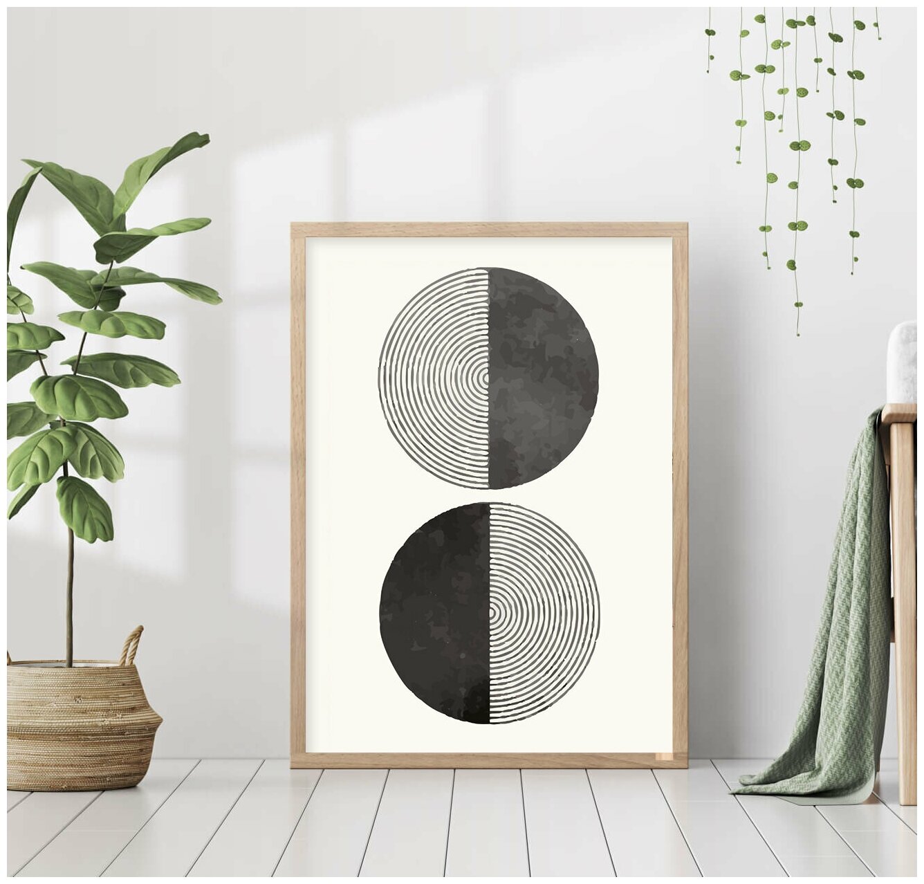 Постер "Абстракция черно белая, линейный рисунок, минимализм, линии, два круга" 40x50 без рамки на стену для интерьера