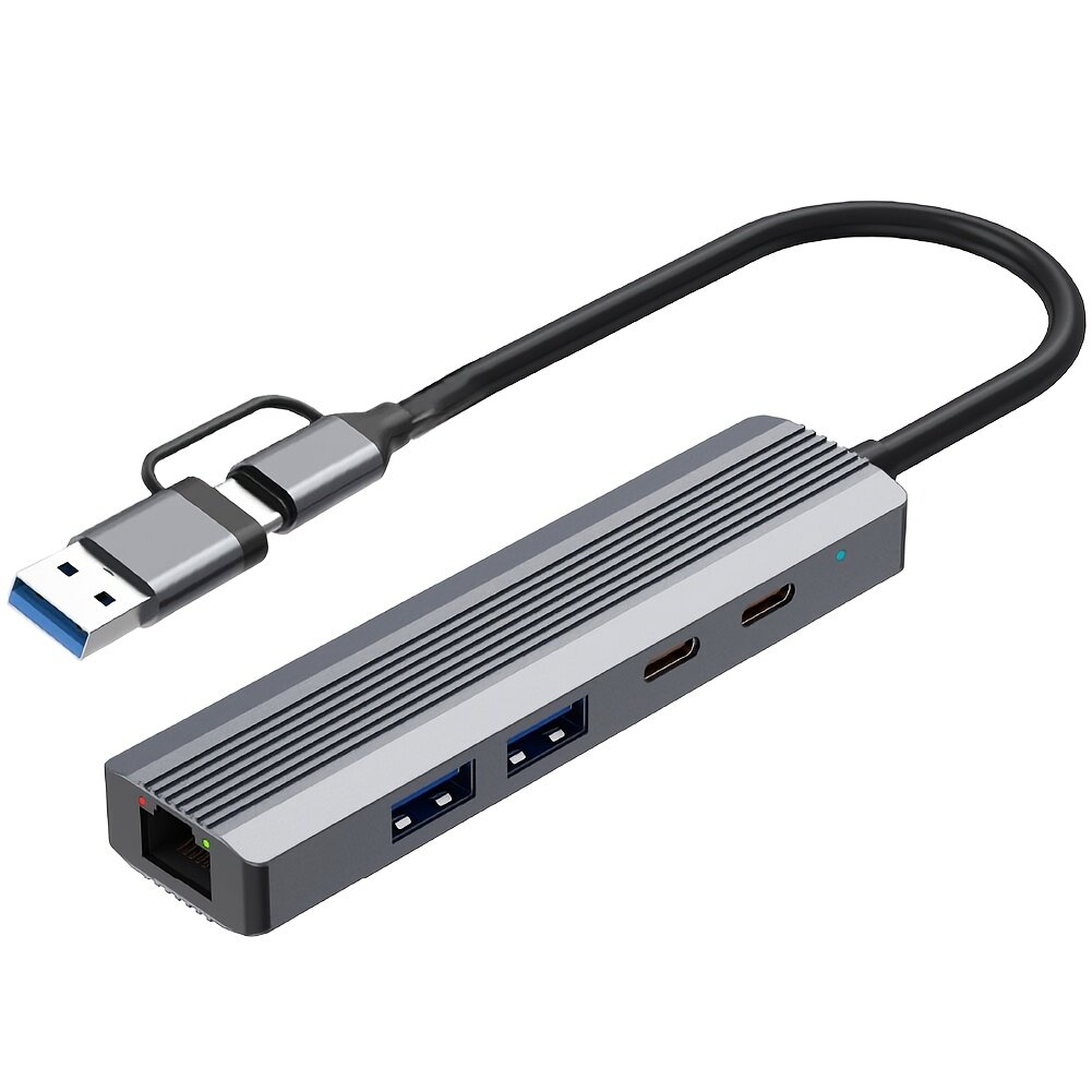 Концентратор USB-C 5 в 1 с гигабитным портом RJ45, 2 портами USB 3.0 (5 Гбит/с) и 2 портами USB-C, мультипортивный адаптер для ноутбуков