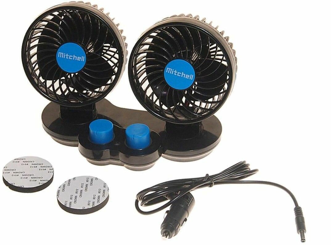 Вентилятор HX-307 12см (4.5") 12V (7.5W) диммер, двойной, с регулируемыми углами обдува black/blue MITCHELL NEW