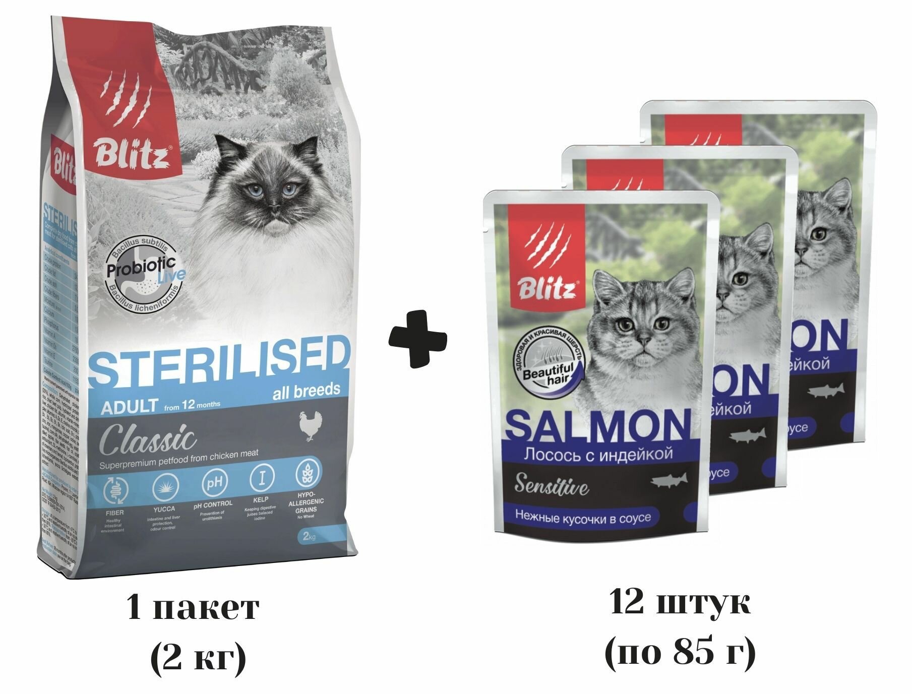 Корм сухой BLITZ Classic Sterilised Cats 2 кг (курица) + Корм влажный Blitz Sensitive Adult Cat 12 шт (лосось с индейкой), для стерилизованных кошек всех пород