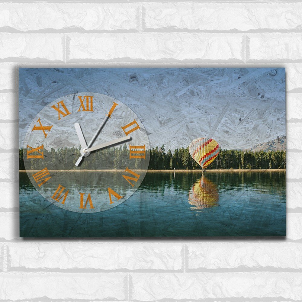 Настенные бесшумные часы ОСБ со смещенным циферблатом Пейзаж Озеро (Планета, Воздушный шар, Небо, милота, Подарок для мамы, бабушки сестры, подруге) - 882