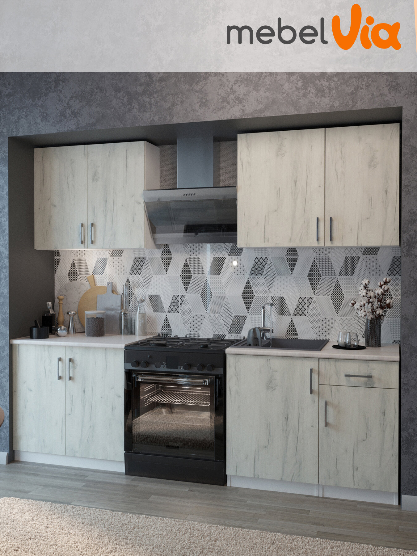 Кухонный гарнитур Адель, со столешницей, ЛДСП, белый/дуб крафт белый, 180,6х60х215,5 см, MebelVia