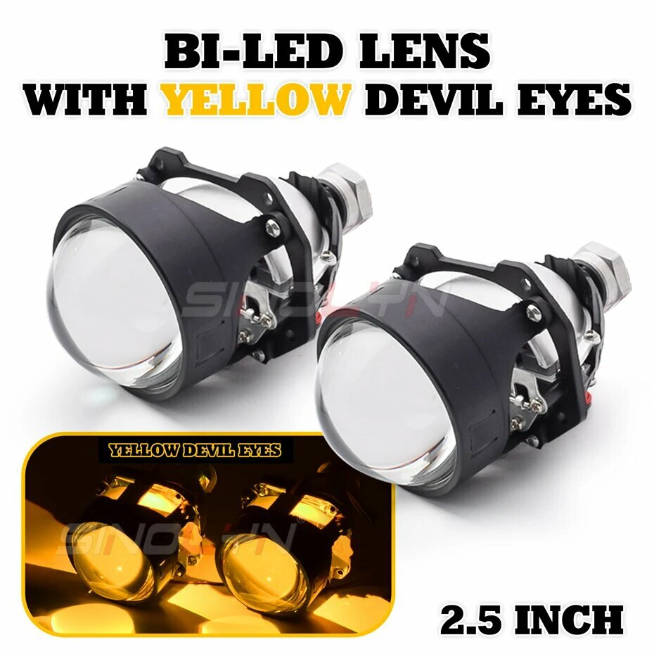 Bi LED линзы Sinolyn 2.5" с желтыми "дьявольскими глазками" 4300K