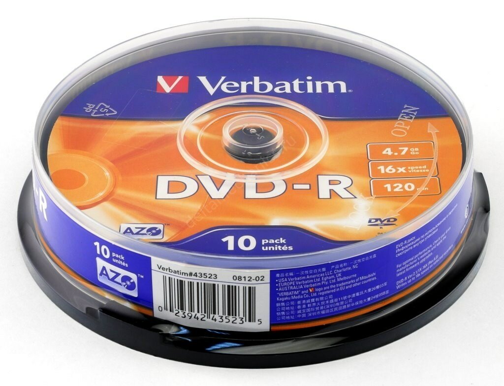 DVD-R 4.7GB Verbatim 16x (упаковка 10шт. на шпинделе) (43523)