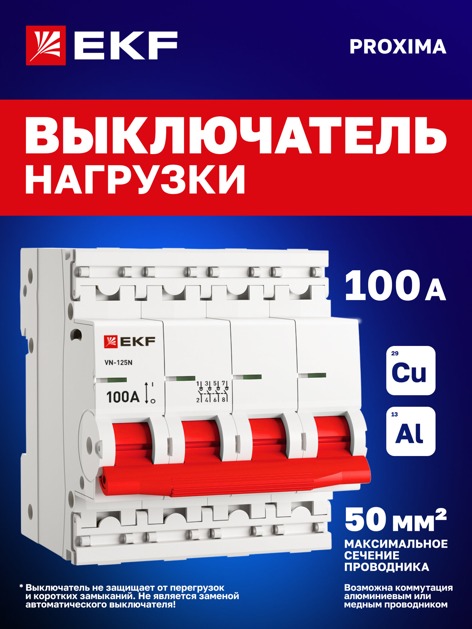 Выключатель нагрузки EKF PROxima ВН-125N 100А четырехполюсный 4P (рубильник на DIN-рейку) трехфазный