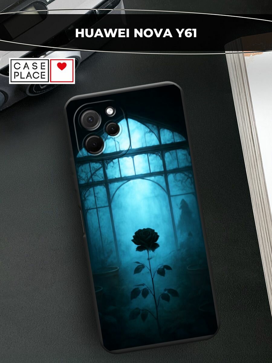 Черный матовый чехол на HuaweI Nova Y61 / Хуавей Нова Y61 с принтом Черная роза в оранжерее