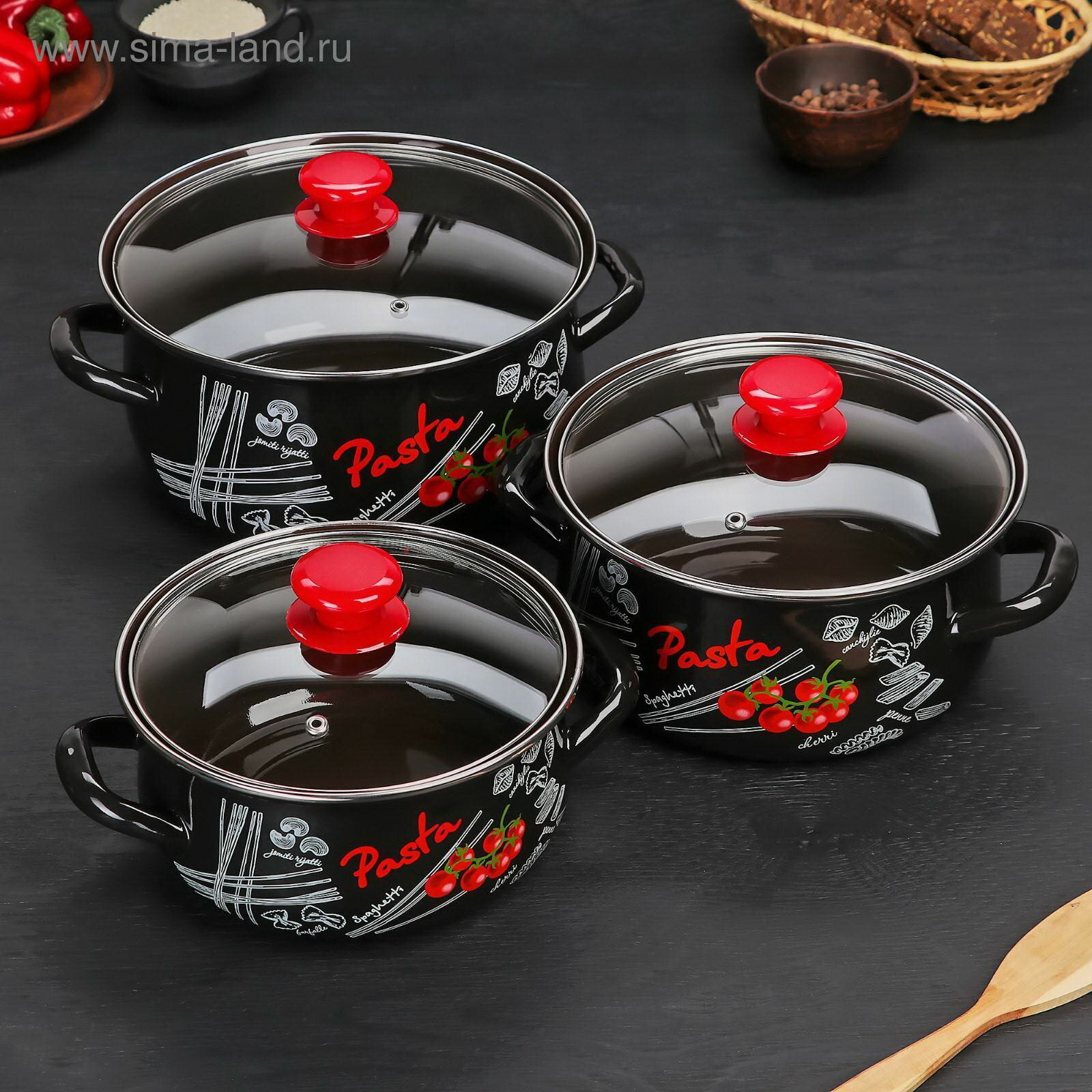Набор эмалированных кастрюль "Болоньезе", 3 шт: 2 л, 3 л, 4 л, d=20.5 см, 23 см, 26 см, индукция, чёрные