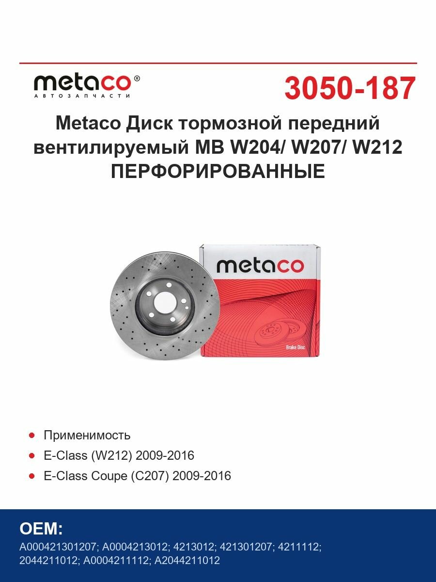 Metaco Диск тормозной передний вентилируемый MB W204/ W207/ W212 перфорированные