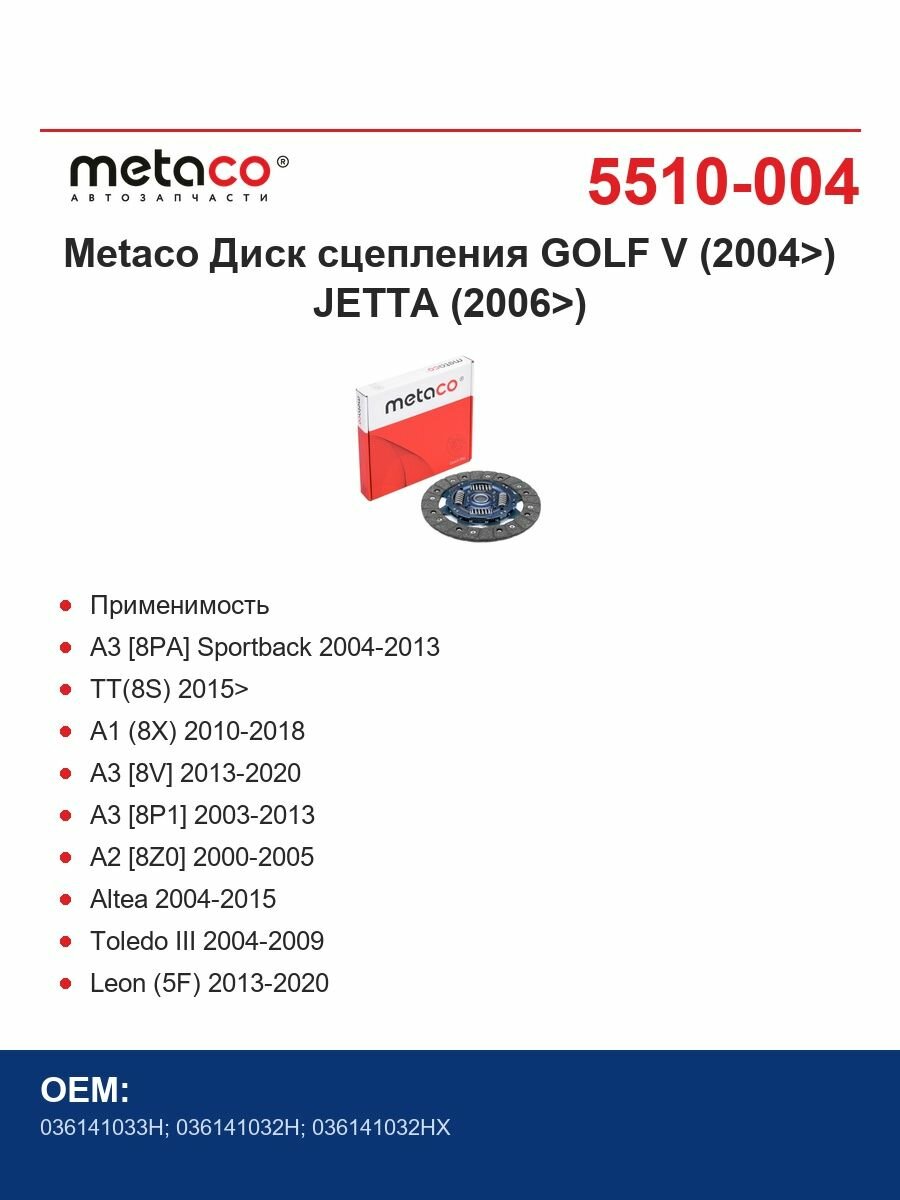 Metaco Диск сцепления GOLF V (2004>) JETTA (2006>)