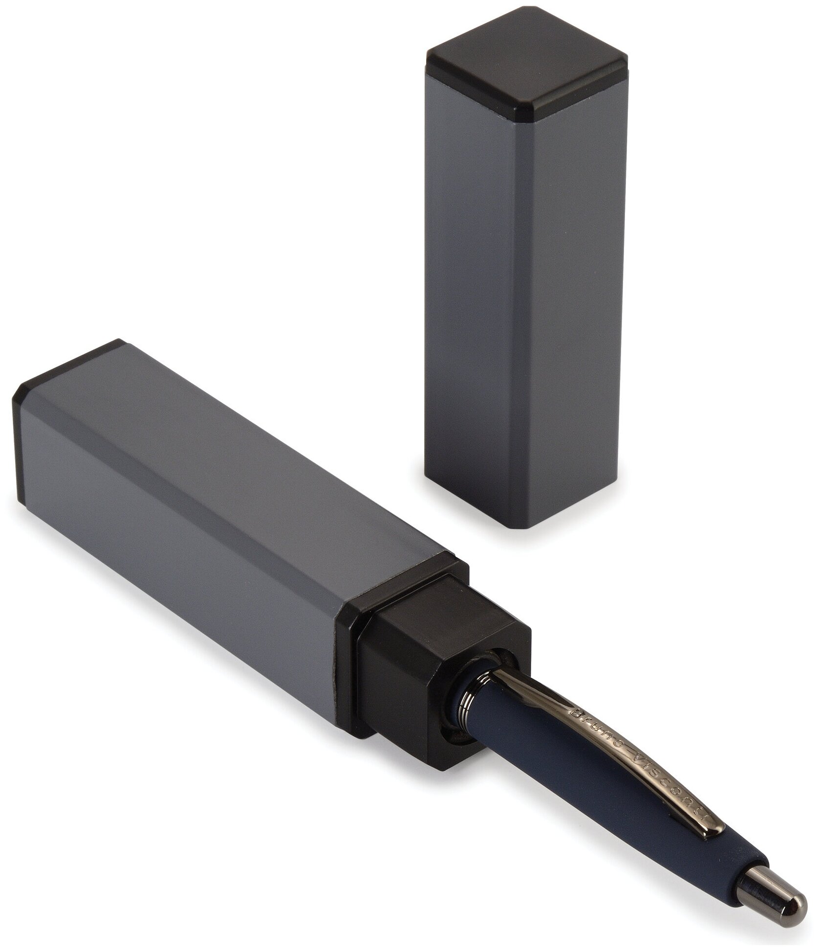 Ручка шариковая автоматическая BrunoVisconti, 1 мм, синяя, в сером прямоугольном тубусе, SAN REMO (темно-синий металлический корпус), Арт. 20-0249/043