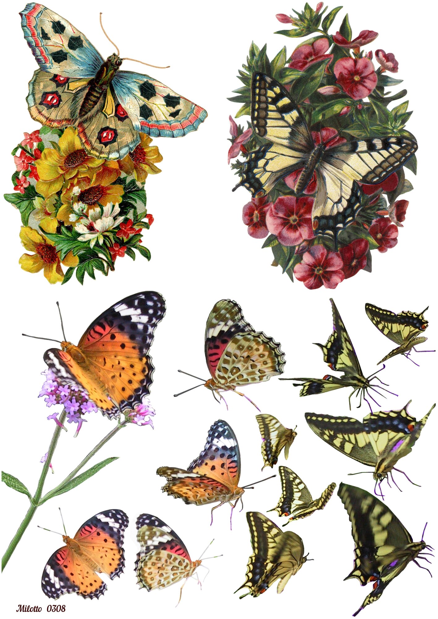 Рисовая бумага для декупажа А4 ультратонкая салфетка 0308 бабочки цветы винтаж крафт Milotto