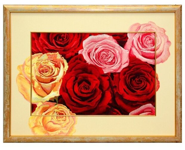 Декоративная настенная картина Живой Шелк Пламя роз, вышивка шелком ручная с 3D эффектом, см 74х56х3/ багет+паспарту