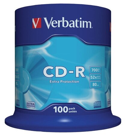 Диски CD-R VERBATIM 700 Mb 52х, комплект 100 шт, Cake Box, 43411