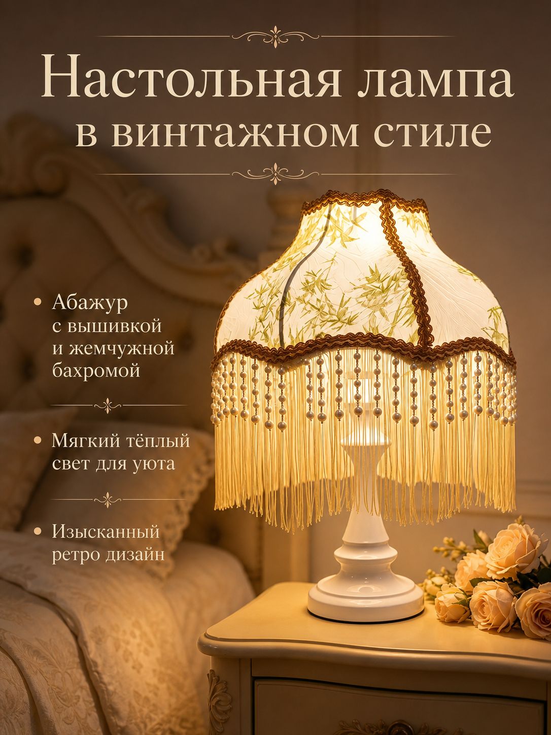 Настольная лампа в винтажном стиле с бахромой и жемчугом, бежевая с белым основанием, для спальни