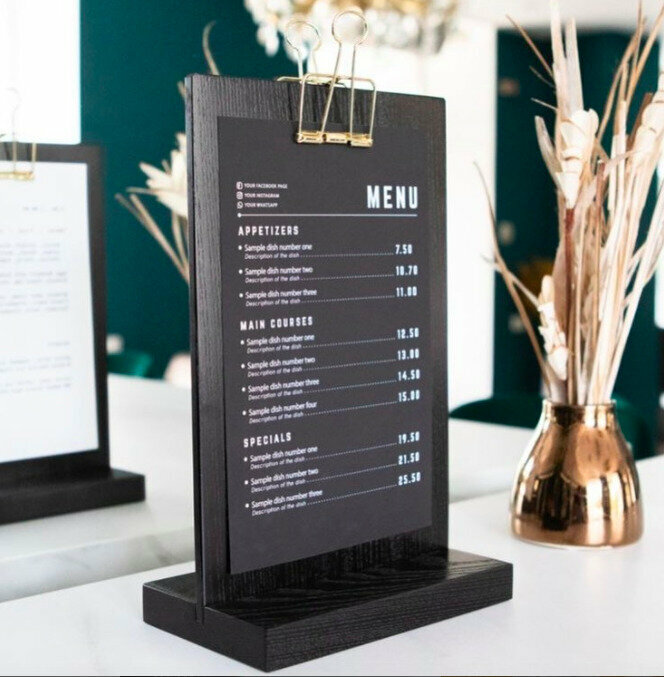 Тейбл-тент / Менюхолдер, А4 (297 х 210), вертикальный, двусторонний, на деревянной подставке, 1 шт,