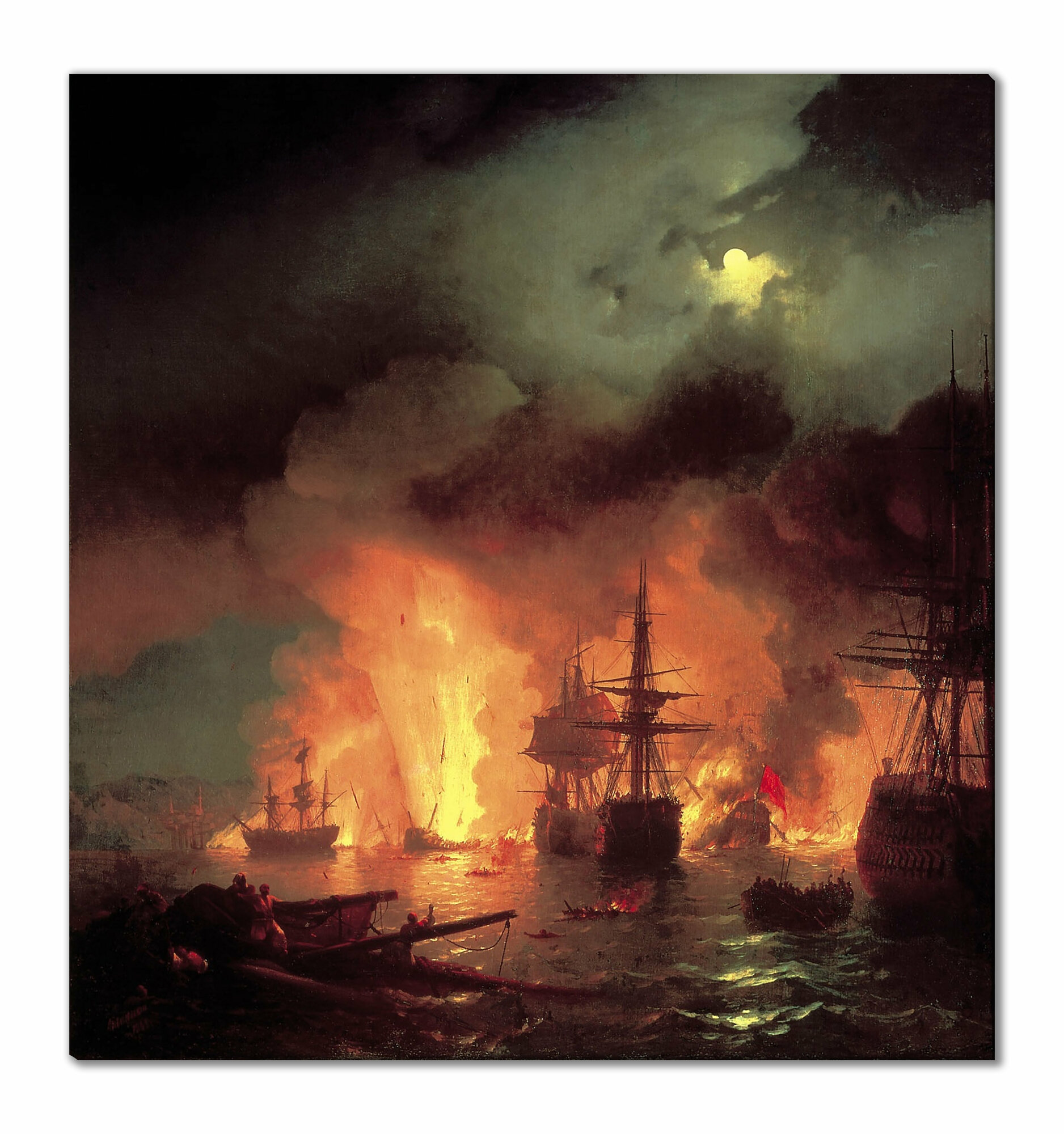 Картина для интерьера на холсте Ивана Айвазовского «Чесменский бой» 60х60, холст натянут на подрамник