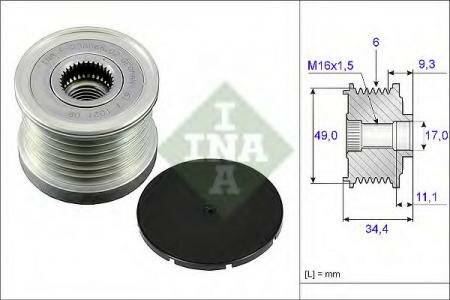 Шкив генератора BMW: 3 E46 316I/TI/318I/TI (110A, BOSCH) 06/01-03/04, 535007510 INA 535 0075 10