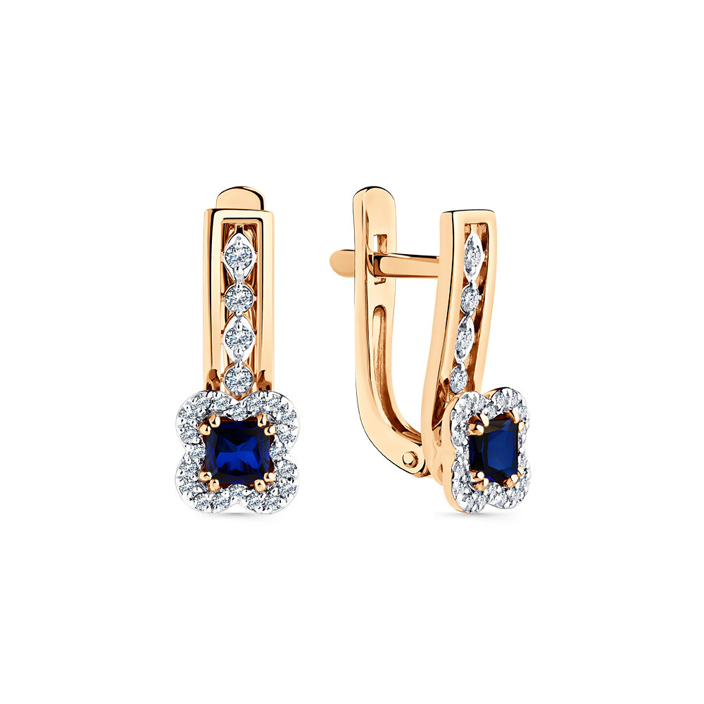 Серьги, красное золото, 585 проба, сапфир, бриллиант
