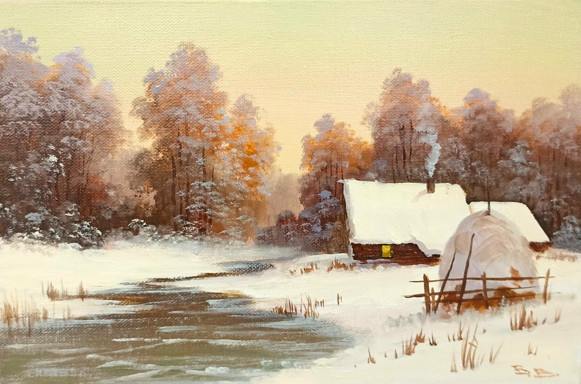 Картина масло/холст. 100% ручная работа, 100% живопись от Художественной мастерской Грëзы. Зимний пейзаж с домиком, речкой и стогом сена. Размер 20х30 см.