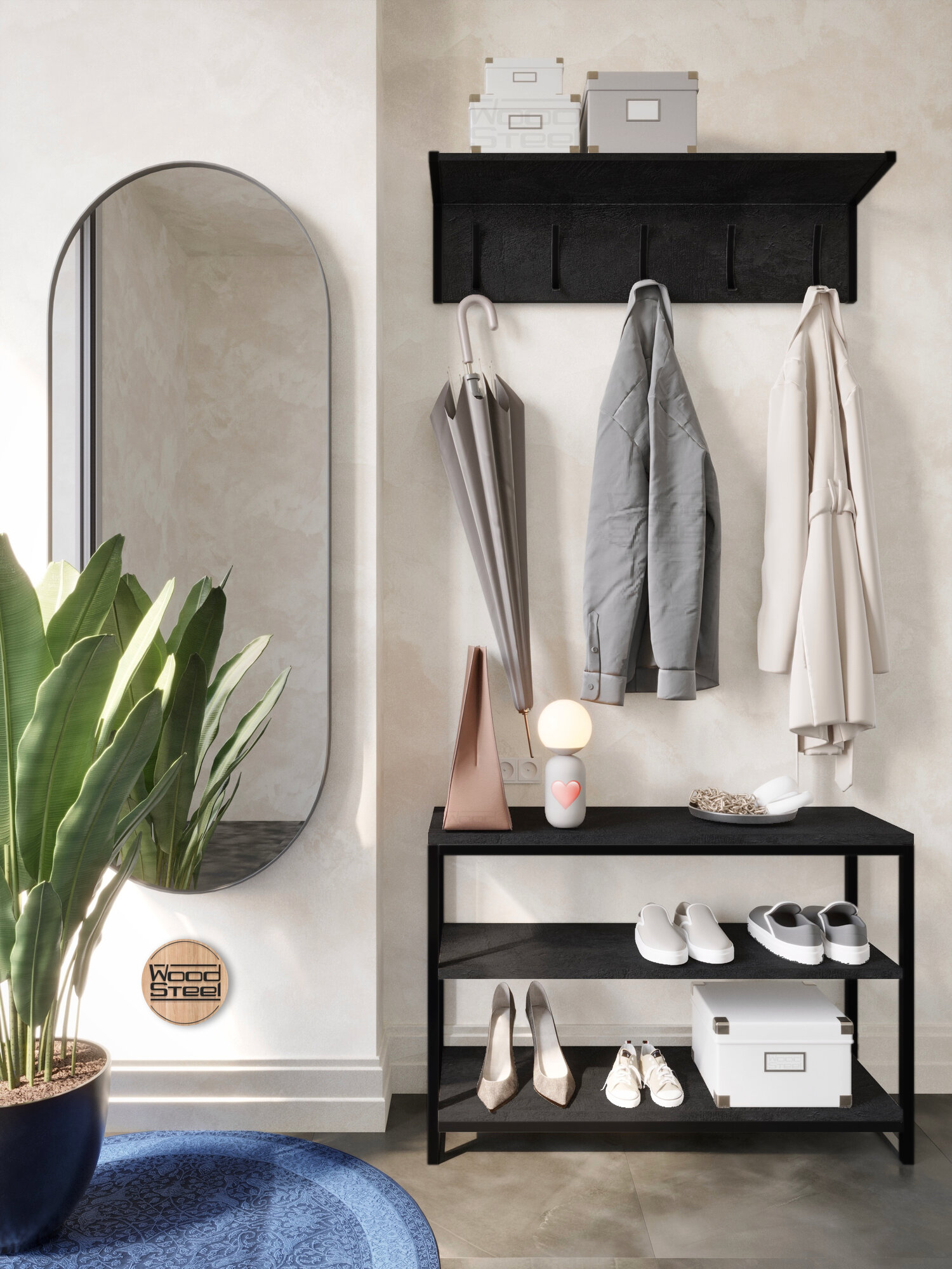 Прихожая в стиле Лофт "Urban" 90x30х180 см. Угольный Камень / Мебель для прихожей, полка для обуви, тумба для обуви, обувница, вешалка для одежды