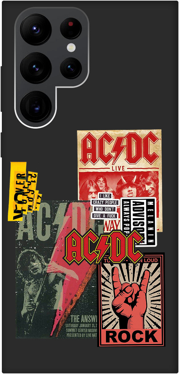 Матовый чехол AC/DC Stickers для Samsung Galaxy S22 Ultra / Самсунг С22 Ультра с 3D эффектом черный