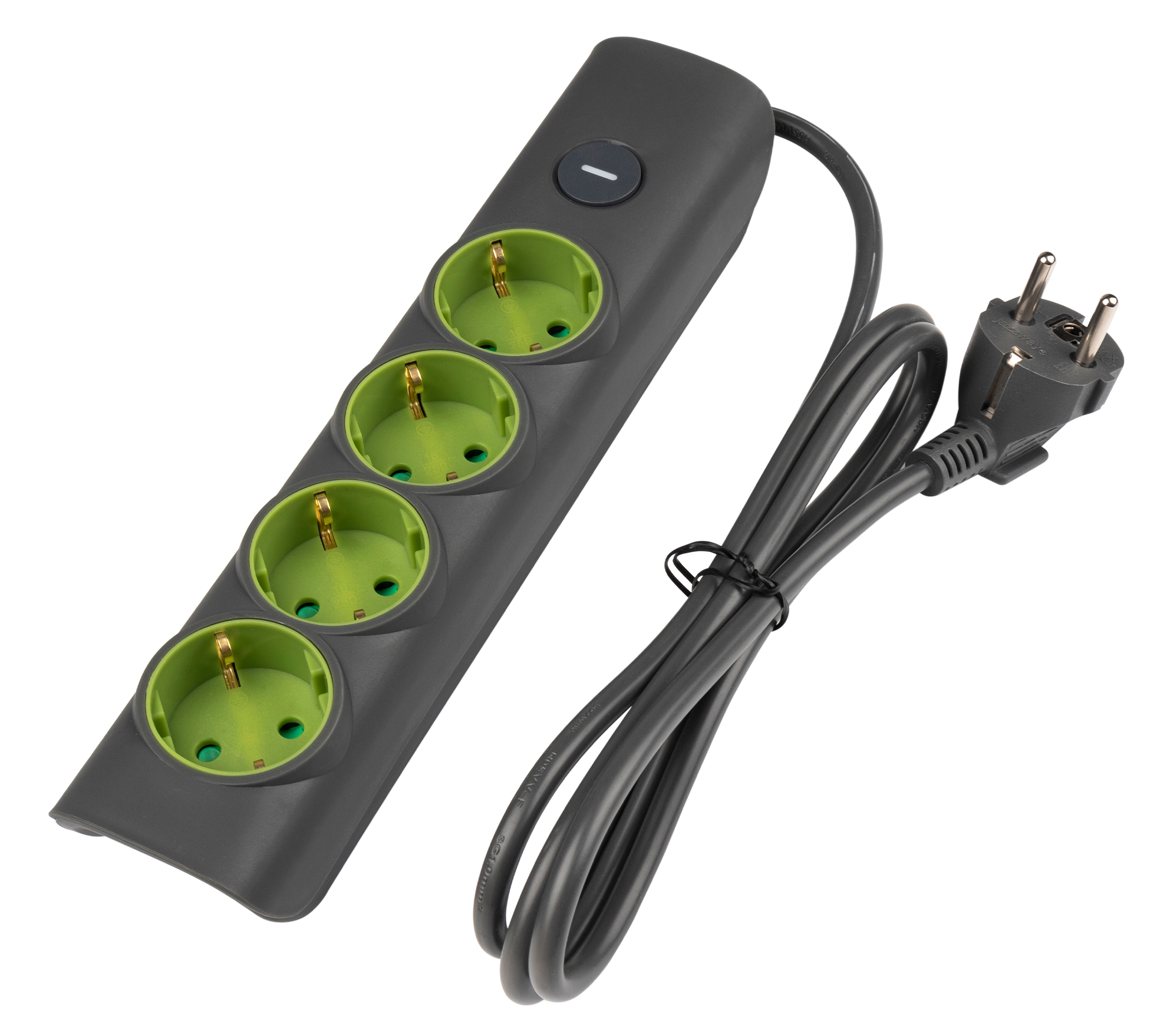 Удлинитель бытовой Jazzway / Джазвэй ET-04-140G ПВС 3х1 с выключателем и заземлением, 16А 4кВт, 1.4 метра 4 розетки серый-зеленый, 5051850