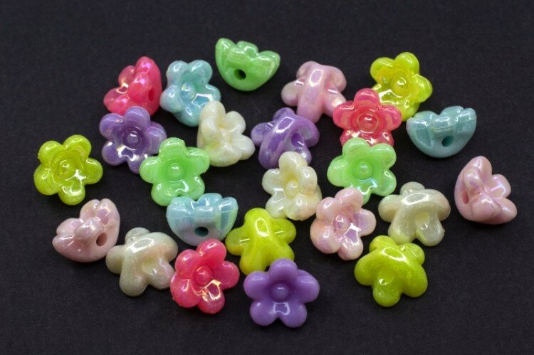 Бусины акриловые Цветок 10х10,5х7мм, отверстие 1,5мм, ассорти цветов радужное, 540-272, 10г (около 35шт)