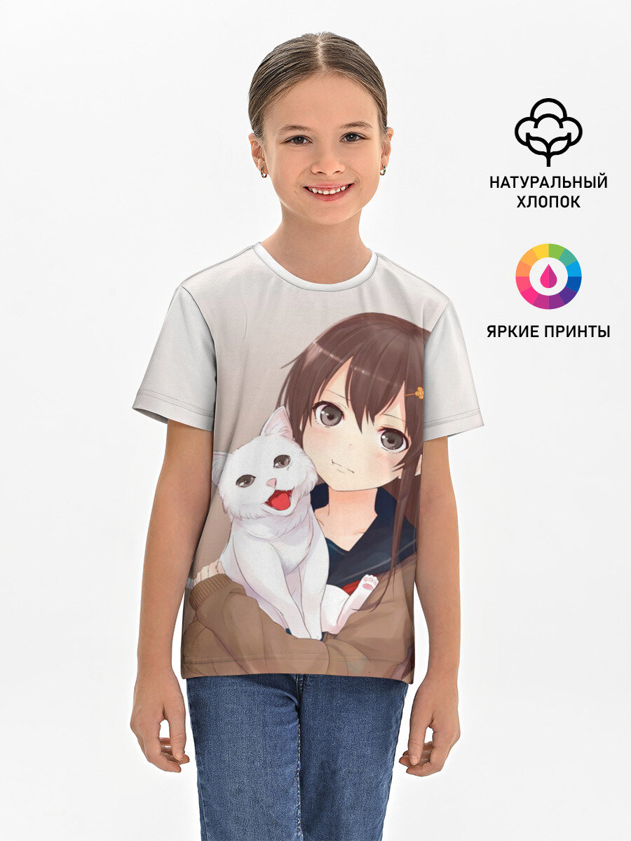 Футболка хлопковая детская Девочка и белый кот аниме