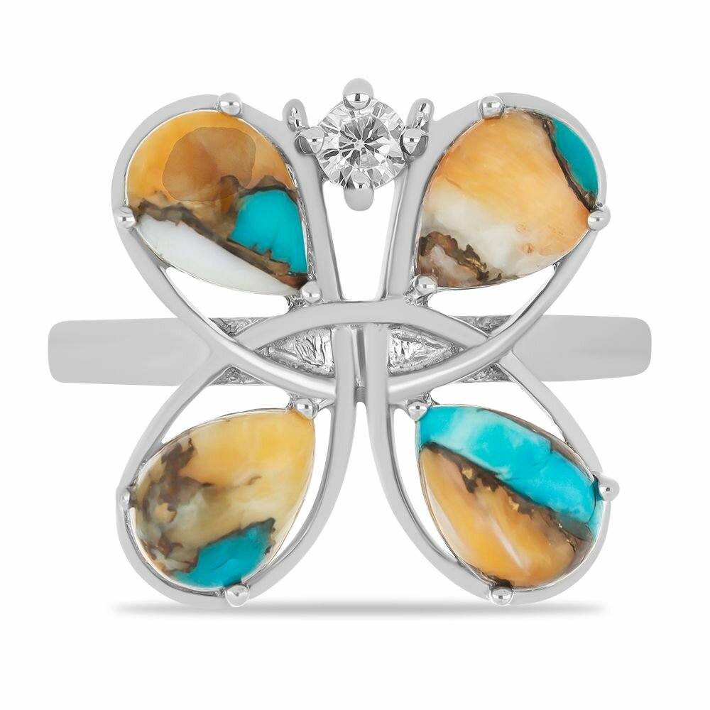 Кольцо, серебро, 925 проба, родирование, бирюза, фианит