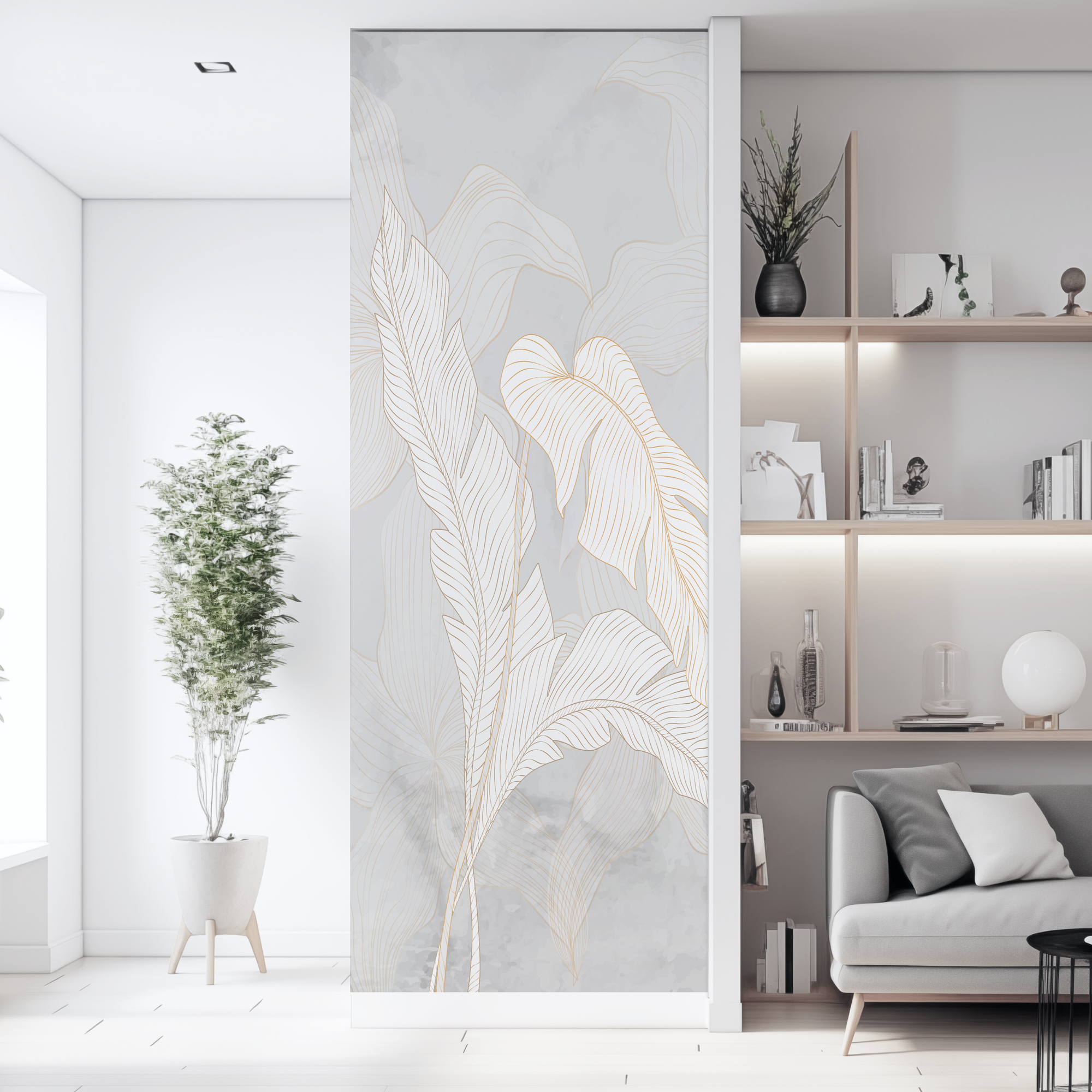 Фотообои 3д на стену "Дизайнерские листья", флизелиновые 100х270 см на кухню, спальню, зал