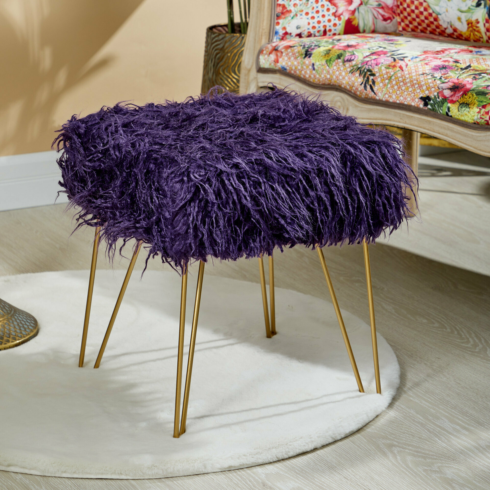 49-318 Пуф с меховым ворсом 41х41х46см, МДФ, мех, поролон, металл, Glasar