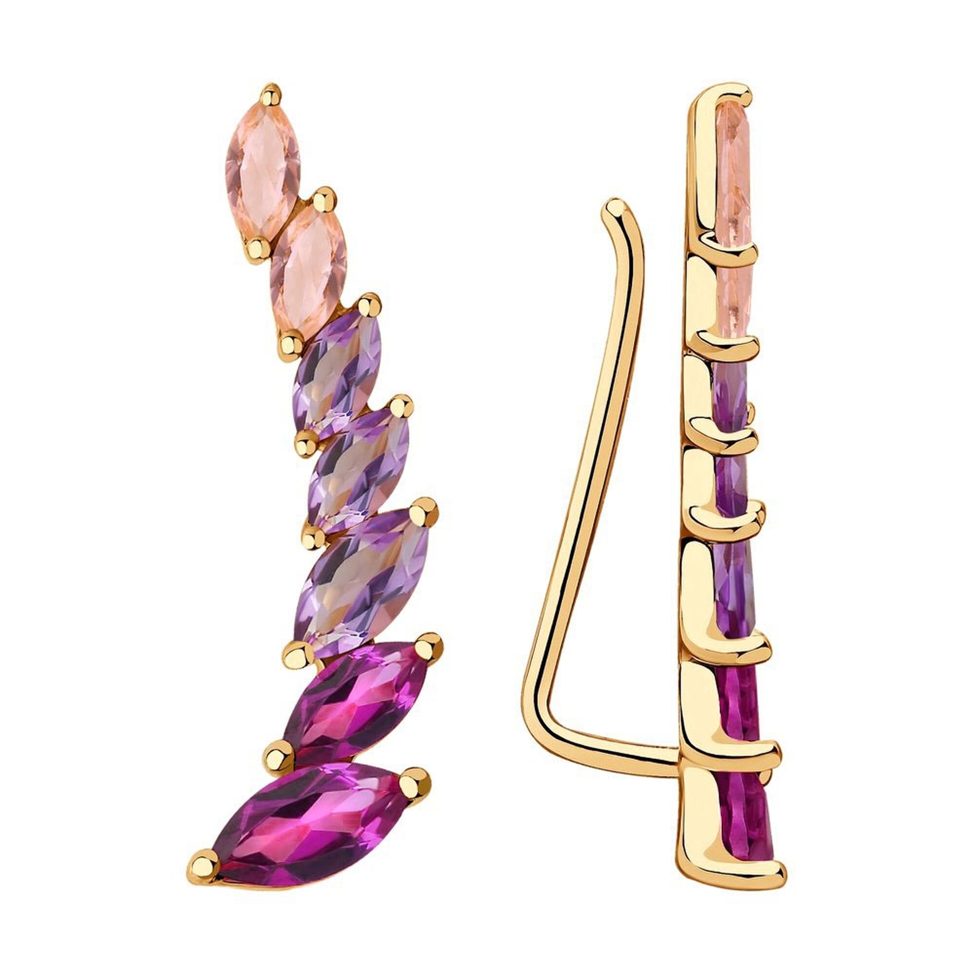 Серьги клаймберы, красное золото, 585 проба, аметист, морганит, родолит