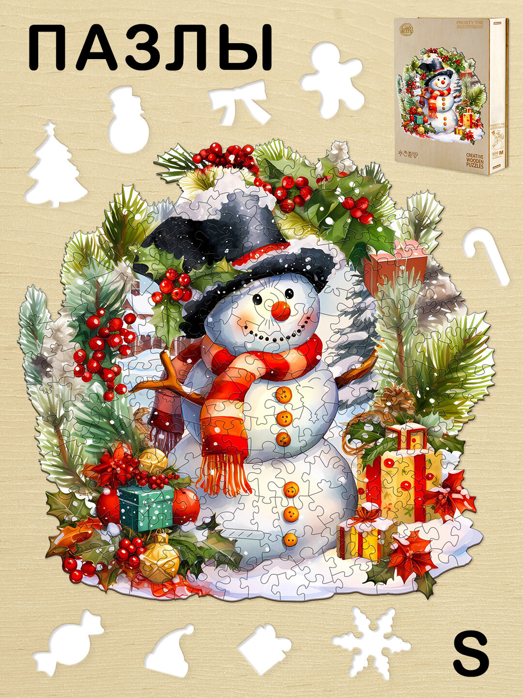Деревянный 3D пазл Woodbests 6540-WP Снеговик Шапочкин S 110 деталей