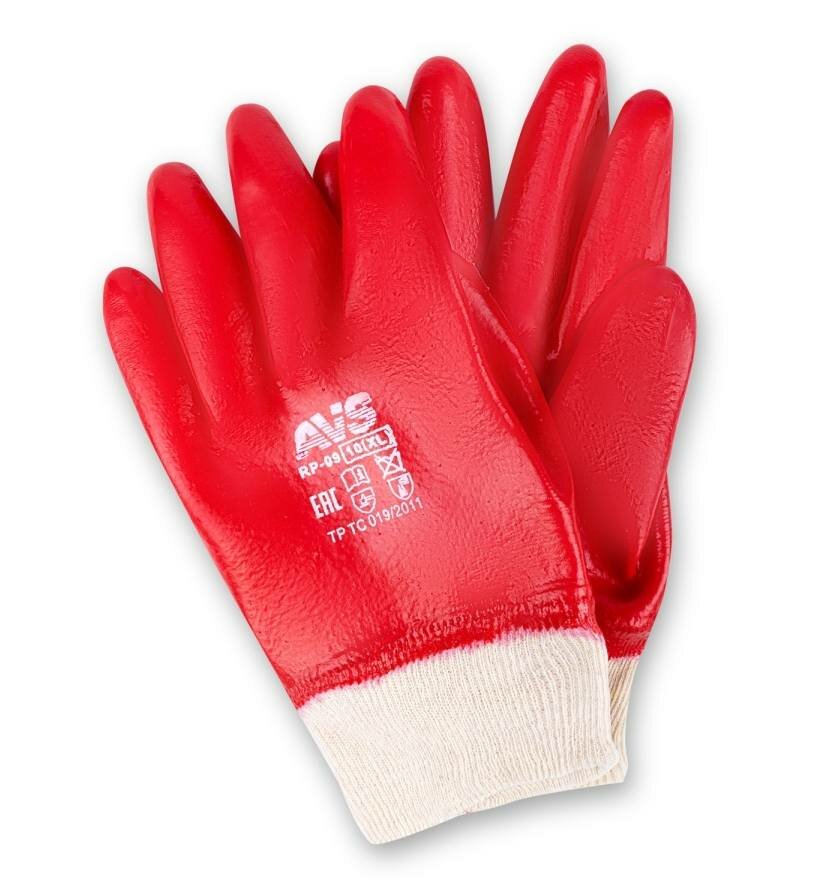 Перчатки ПВХ полный облив МБС (красные, резиновая манжета) 1 пара AVS RP-09, AVS-A85390S