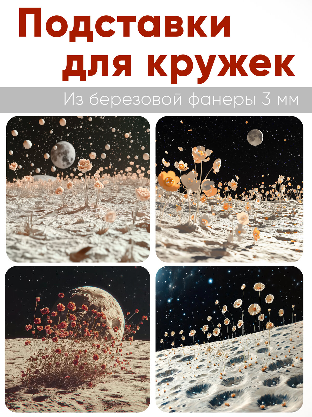 Подставки для кружек "Лунное цветение", 4 шт (10 х 10 см), березовая фанера