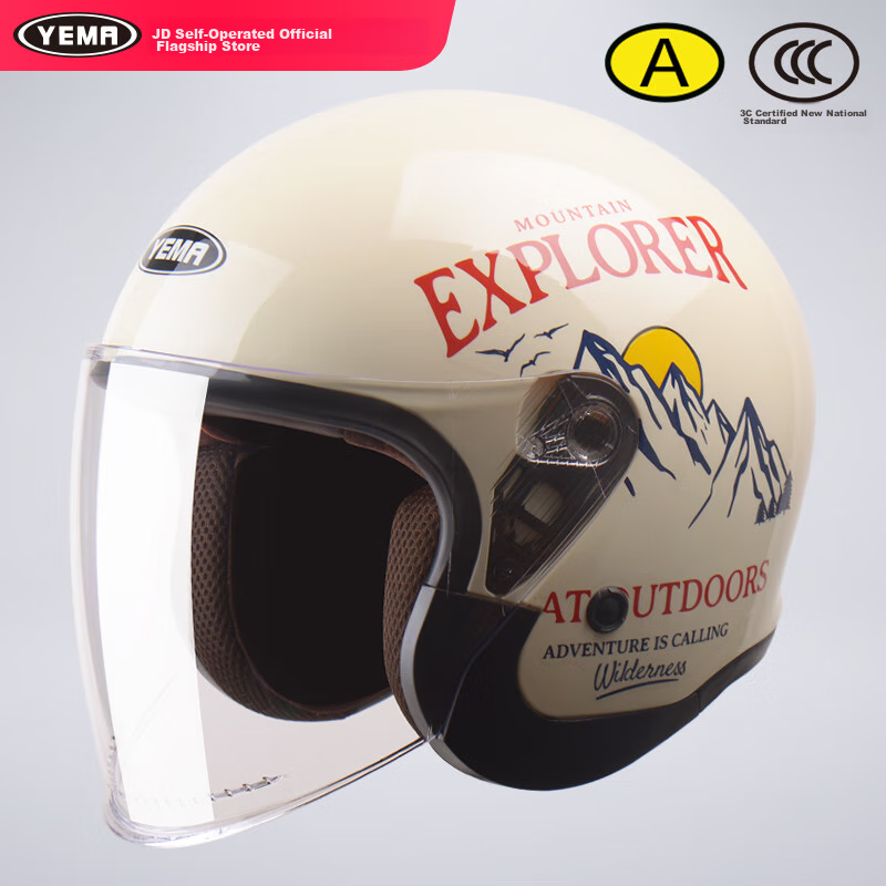 YEMA Helmet, 3C Certified, New National Standard A-Class 633S, Autumn And Winter Unisex Electric Motorcycle Safety Helmet, Warm, Anti-Fog, 3/4 Helmet, Khaki White Climbing Flower