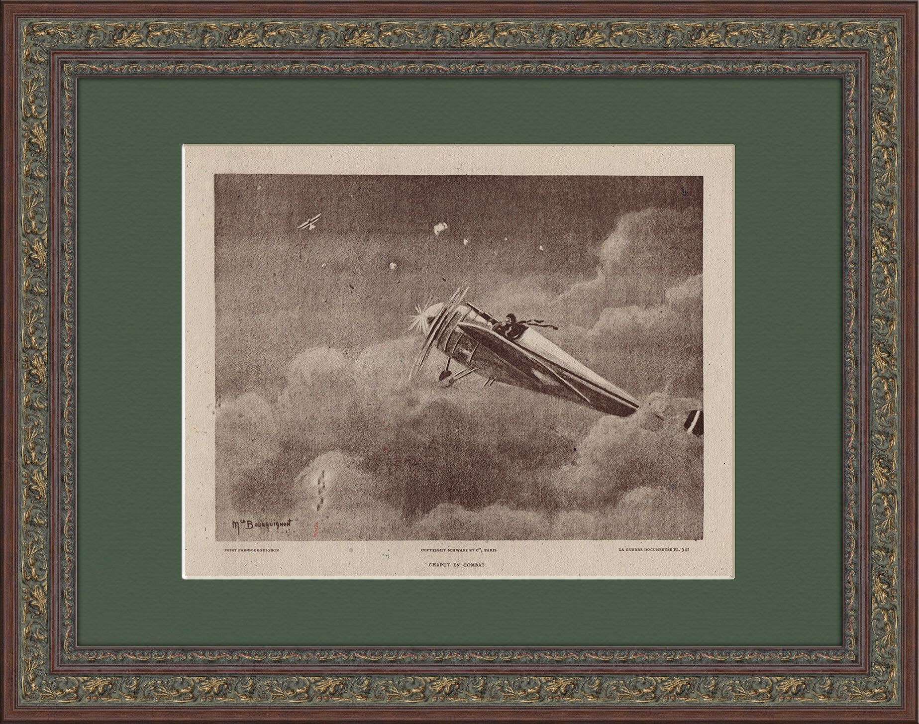 Шапю в бою, воздушный бой. Литография в раме