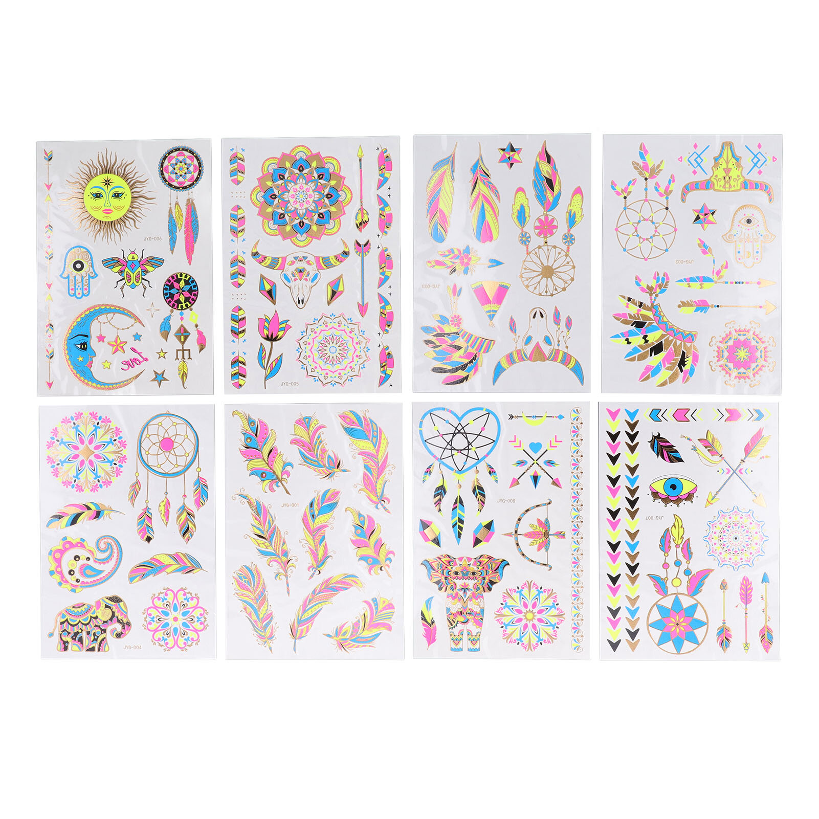 8 Pcs Neon Tattoo Stickers Fluorescent Bronzing Waterproof Glow Party Body Face Skin Temporary Makeup