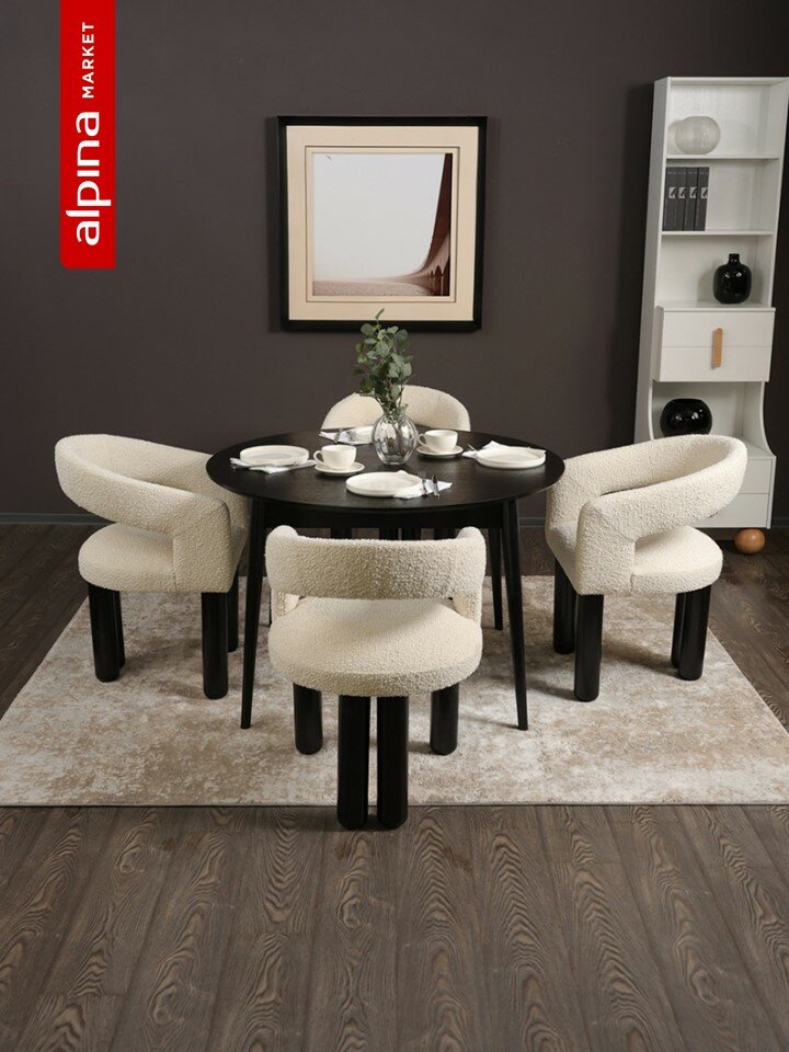 Стол SEDUM D120/153см + стул PECOLA 4шт (массив дерева, эмаль черная, мех искусственный белый) обеденная группа