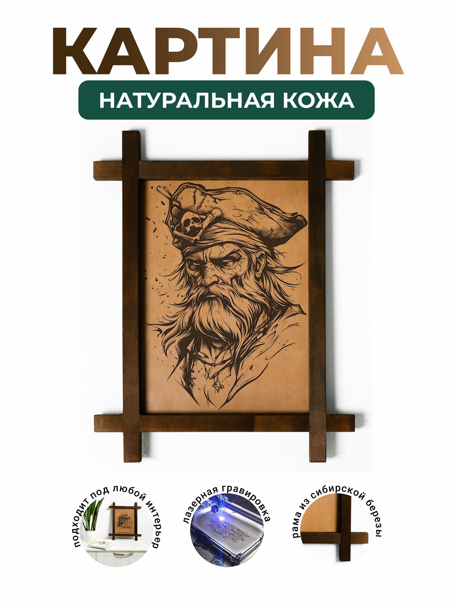 Картина интерьерная, натуральная кожа, "Пират в стиле Лайн Арт №4", в деревянной раме, BoomGift