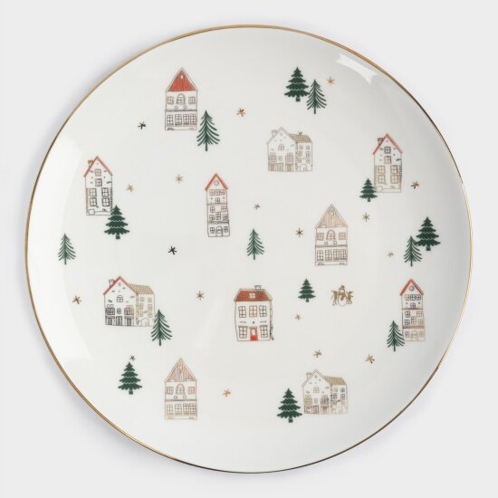 Тарелка обеденная Anna Lafarg Townlet Домики и ели 27 см, фарфор, бело-золотистый (ANLAF-EL2401-1)